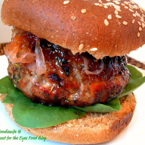 Feta-Stuffed Fig-Glazed Grilled Lamb Burgers with Red Onion Jam - OhMy ...