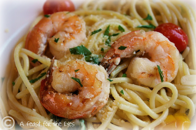 Spaghetti Aglio E Olio with Shrimp and Garden Fresh Tomatoes - A Feast ...